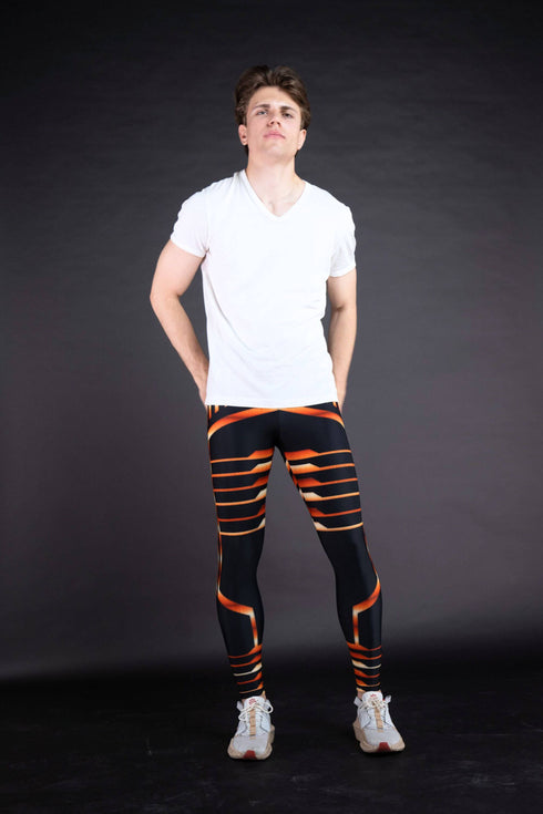 Neo Aztec Men's Leggings | Black and Orange | Kapow Meggings