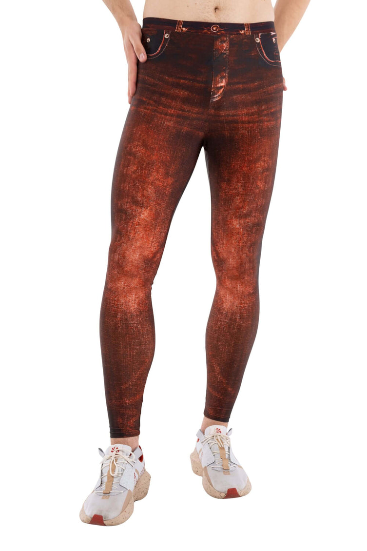 Rust Jean Ringo Men's Leggings | Red Denim Print | Kapow Meggings
